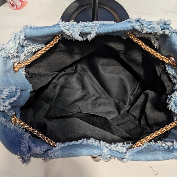 Bags | Boho Chic Raw Edge Denim Drawstring Bucket Bag With Gold Chain ...